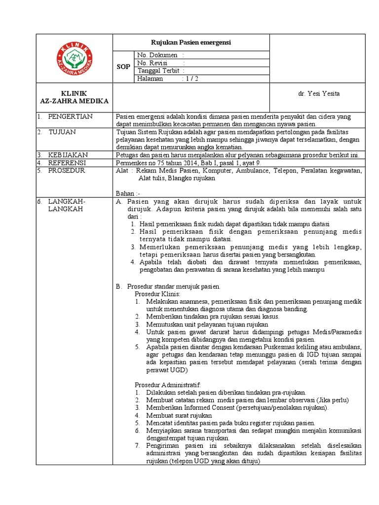 Sop Rujukan Pasien Emergency | PDF