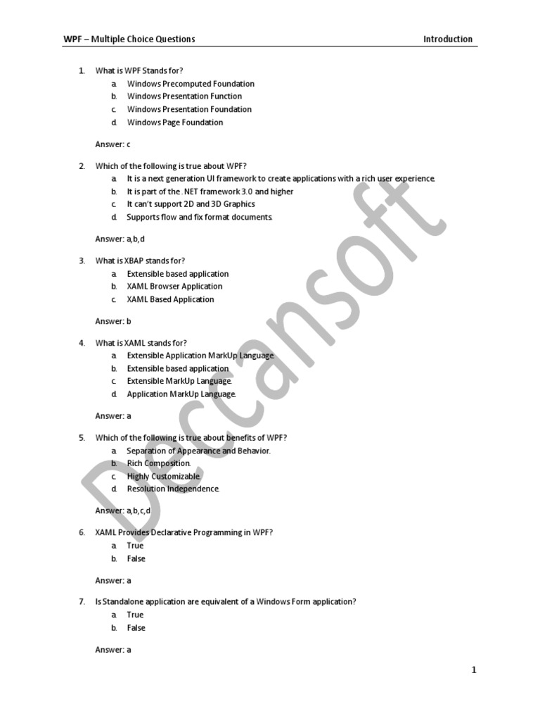 Wpf Multiple Choice Questions Introduction Pdf Windows Presentation Foundation