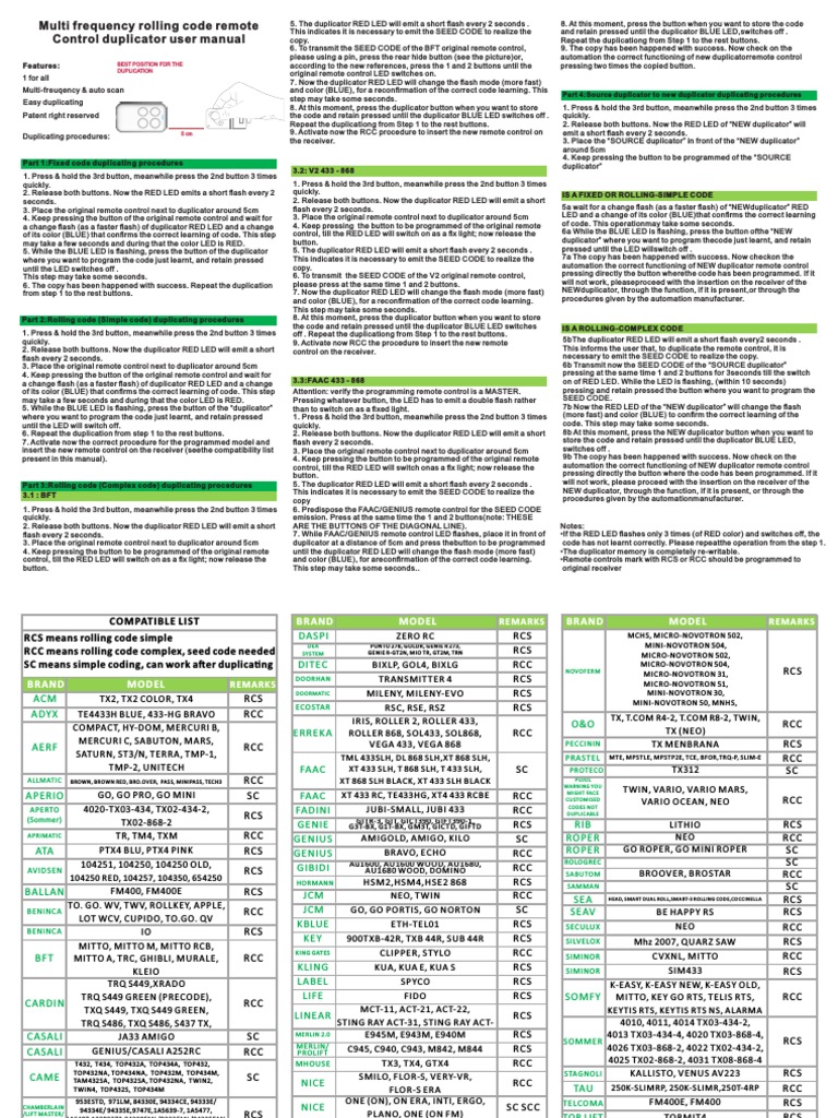 Multi Frequency Rolling Code Remote Control Duplicator User Manual | PDF | Remote Control | Gene ...