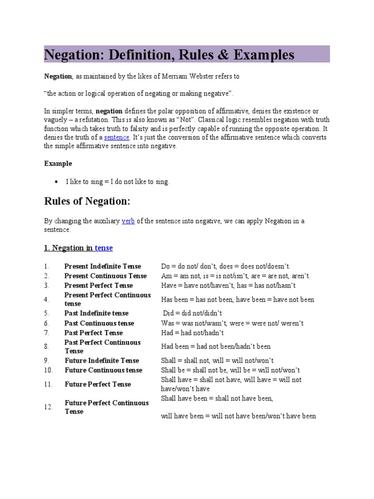 Negation: Definition, Rules & Examples | PDF | Grammatical Tense ...