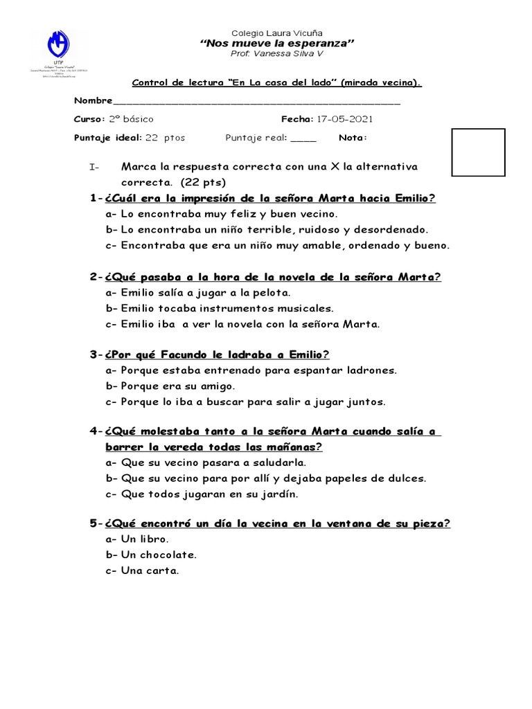 Control de lectura: "En la casa del lado" | PDF | Novela negra ...