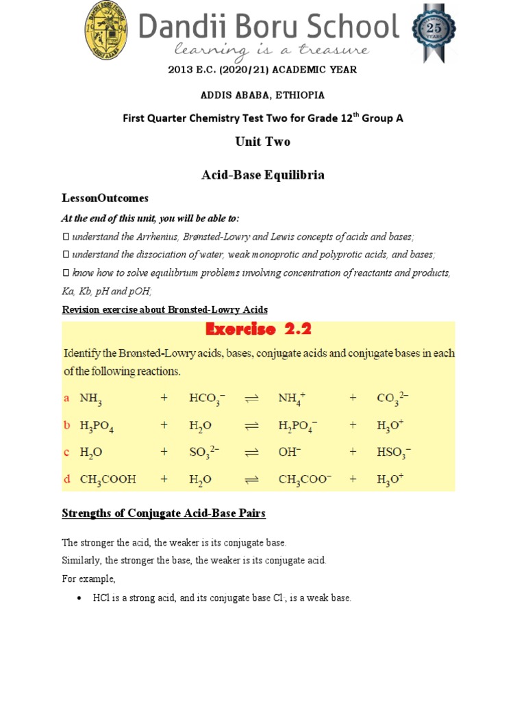 Unit Two Acid-Base Equilibria: First Quarter Chemistry Test Two For ...