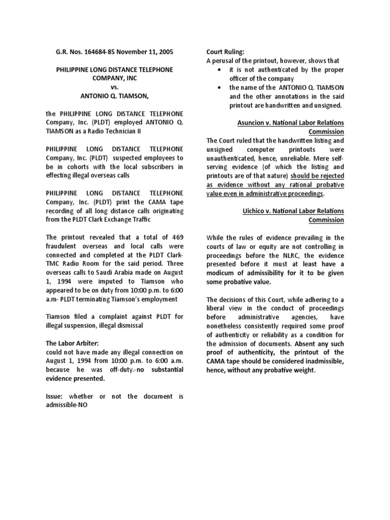 Court rejects PLDT printout as evidence | PDF | Relevance (Law) | Legal ...