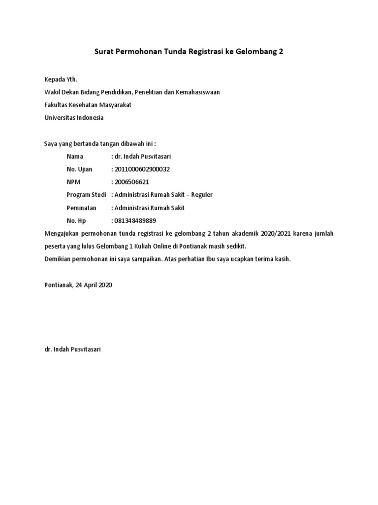 Surat Tunda Registrasi Gelombang 2 UI | PDF