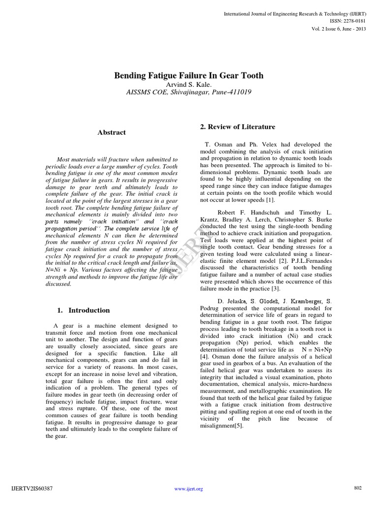 Bending Fatigue Failure in Gear Tooth IJERTV2IS60387 | PDF