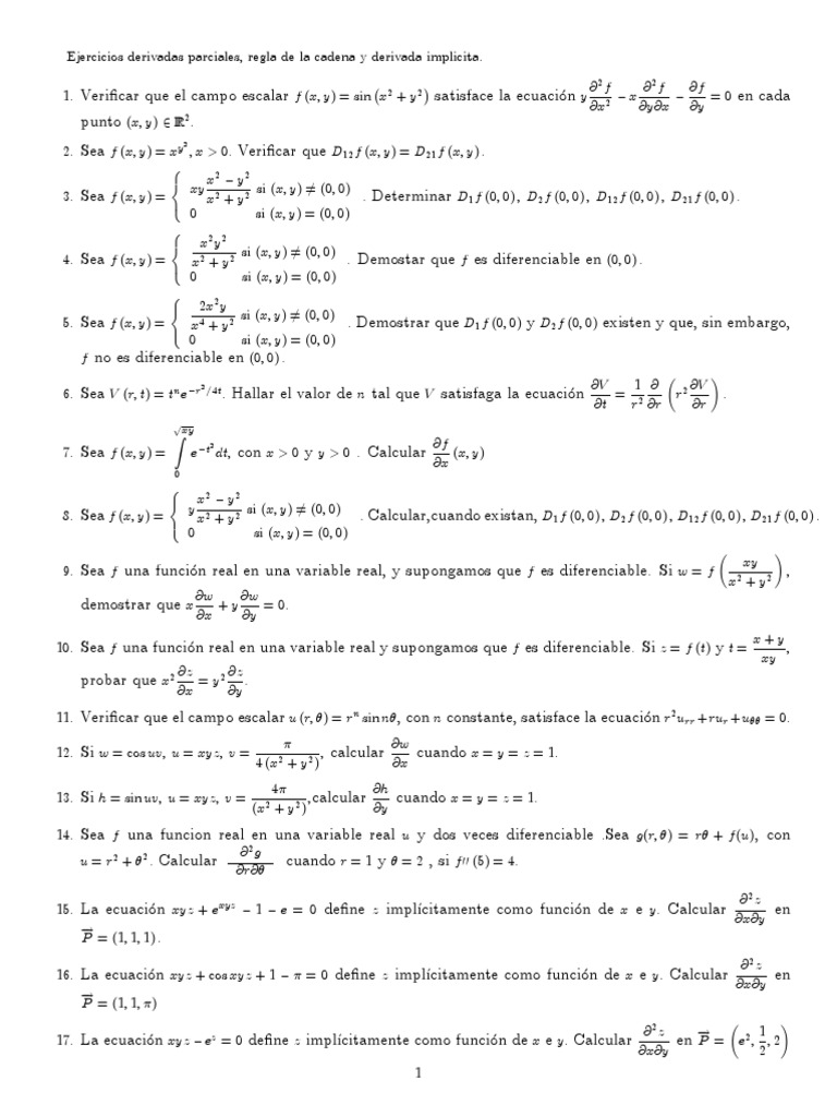 Ejercicios Derivadas Parciales, Regla de La Cadena e Implicita | PDF | Análisis matemático ...