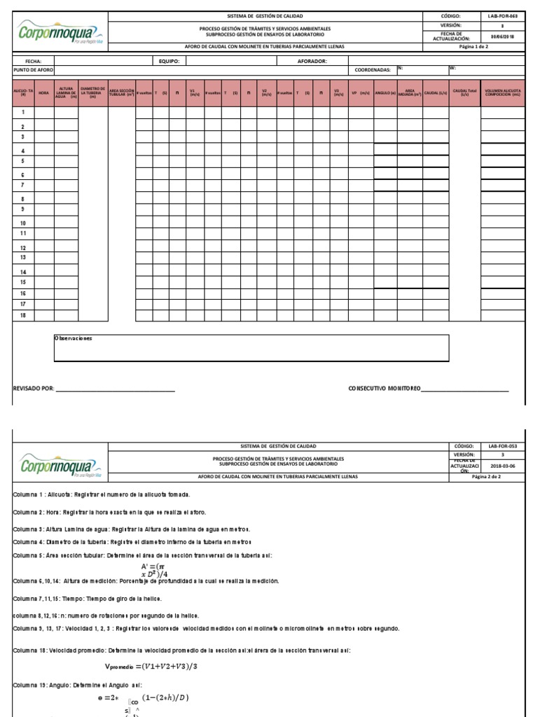LAB-FOR-053 Formato Aforo de Tuberías Parcial Llenas | PDF | Descarga (hidrología)