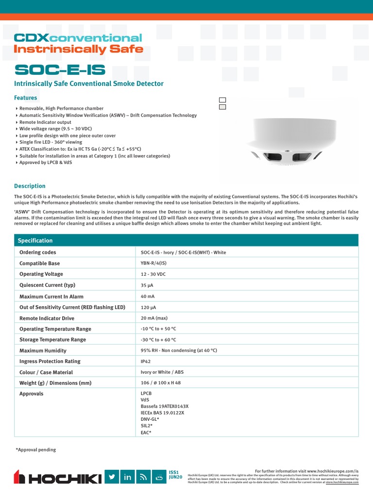 Soc-E-Is: Intrinsically Safe Conventional Smoke Detector | PDF | Manufactured Goods | Equipment