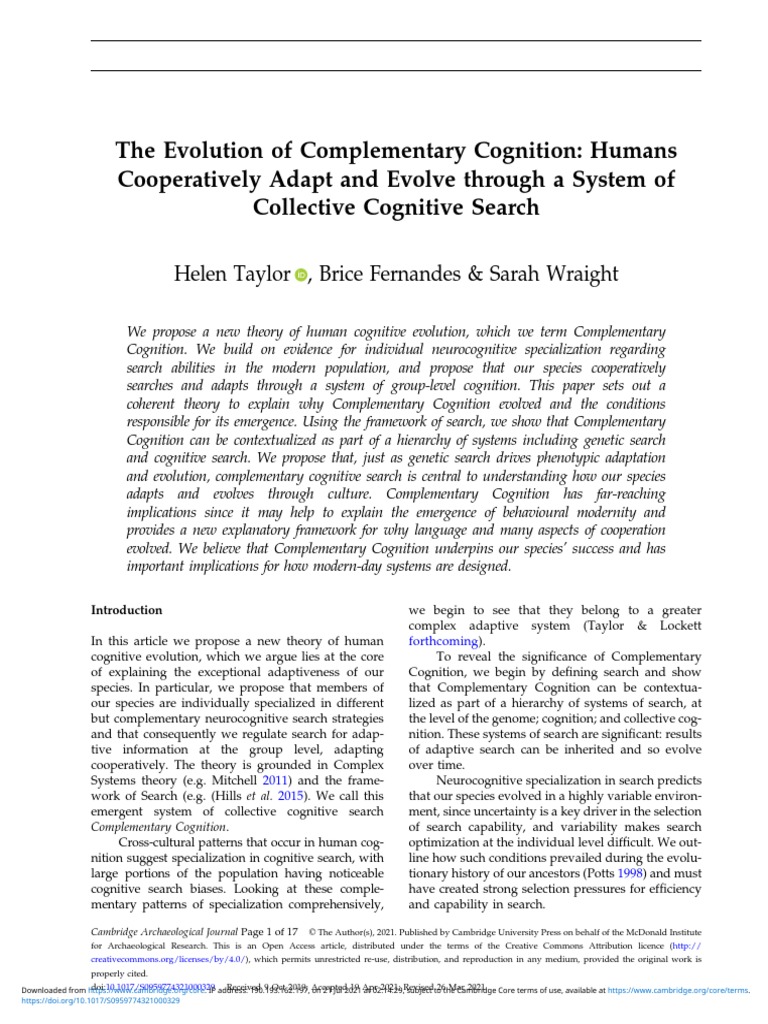 The Evolution of Complementary Cognition Humans Cooperatively Adapt and ...