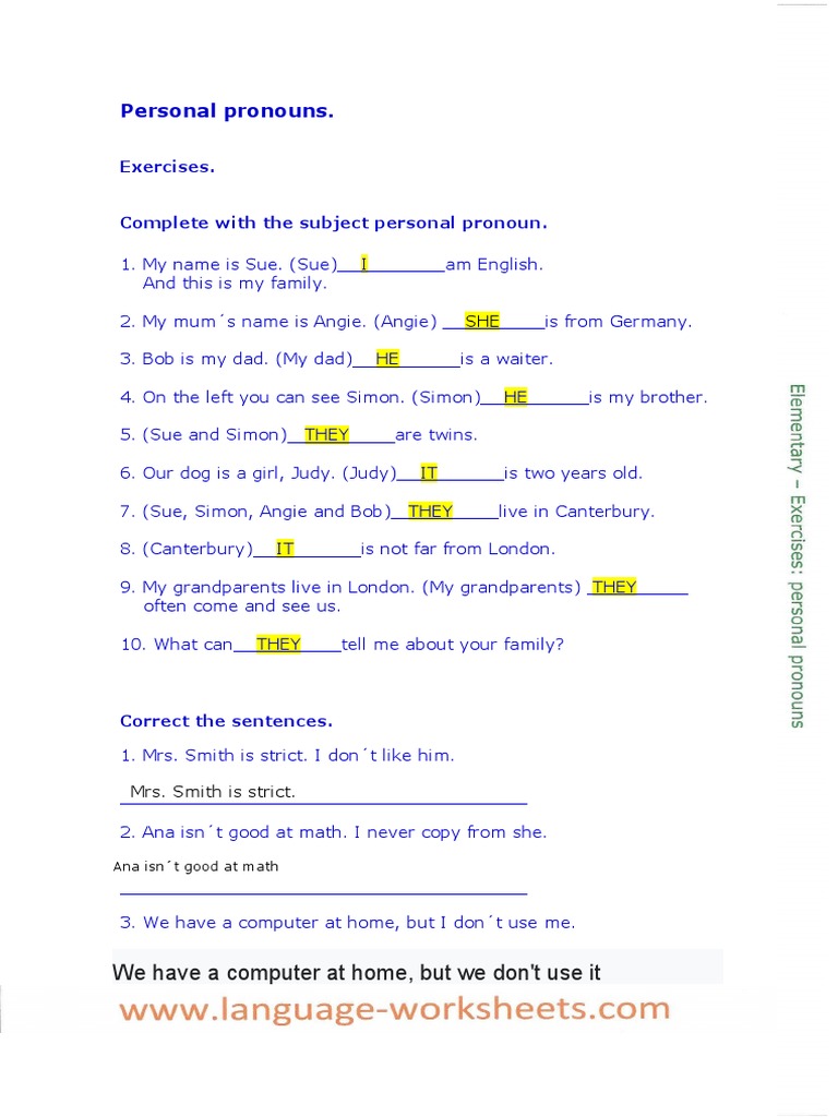 Personal Pronouns Exercises | PDF