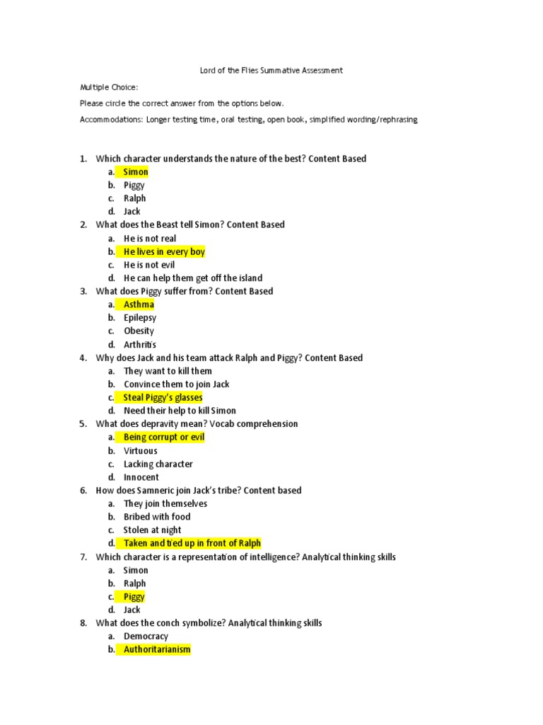 Lord of the Flies Assessment Guide | PDF | Language Arts & Discipline ...
