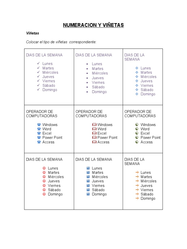 Ejercicios de Numeración y Viñetas en Word | PDF | Edad de información ...
