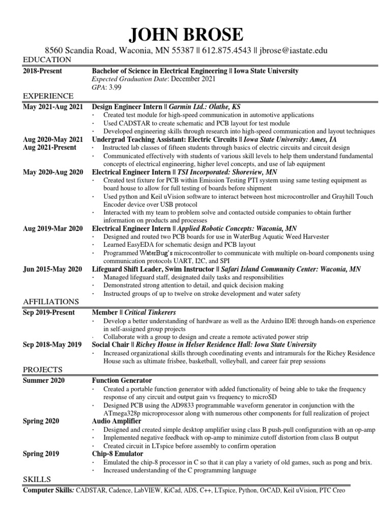John Brose Resume Fall 2021 | PDF | Amplifier | Engineering