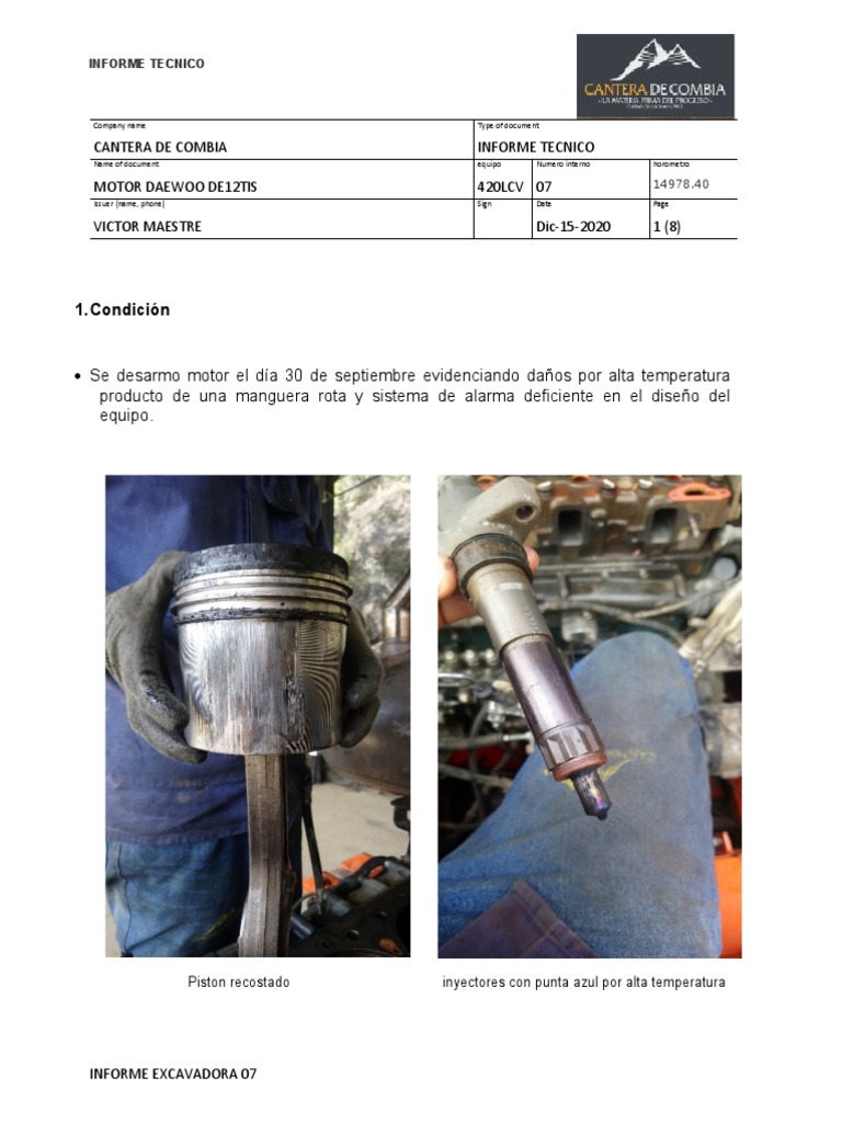 Informe Técnico: Piston Recostado en Doosan | PDF | Motores | Motor de ...
