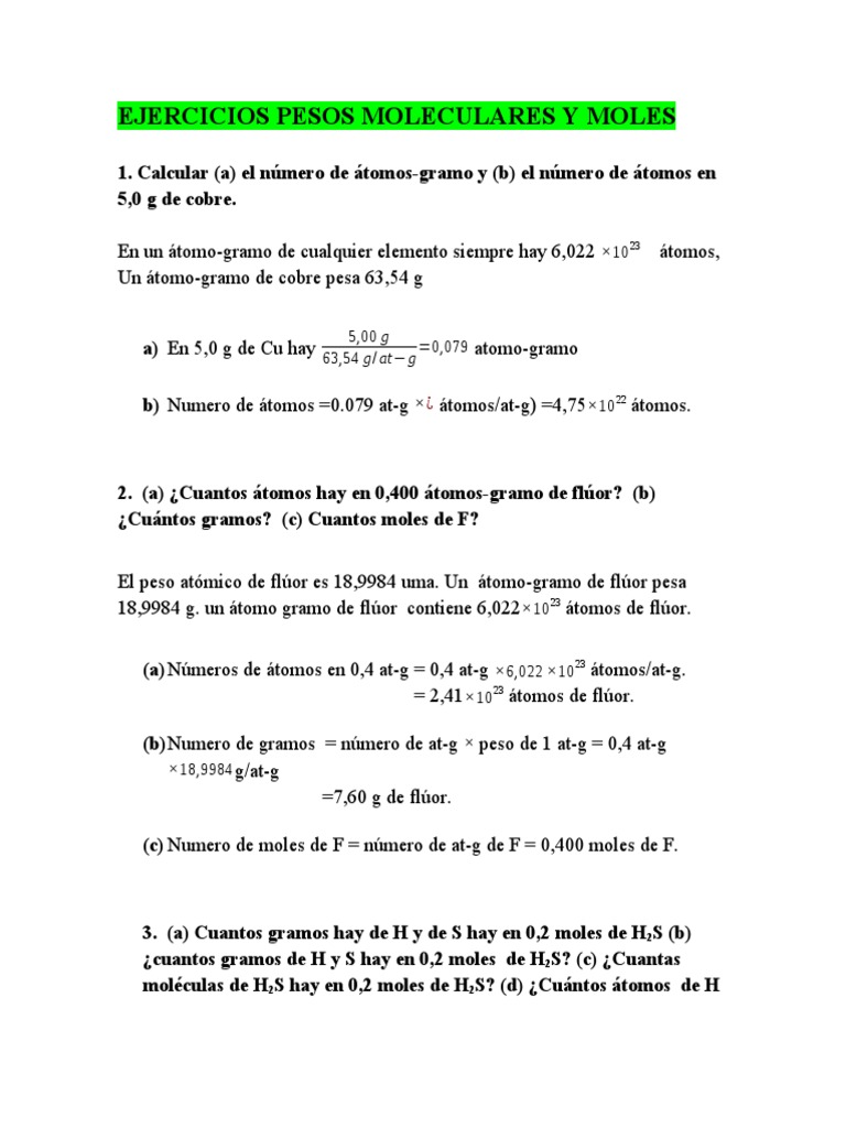 Ejercicios Pesos Moleculares y Moles | PDF | Mole (Unidad) | Química Física