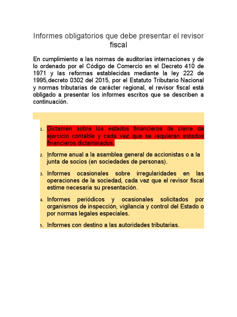Informes Obligatorios Que Debe Presentar El Revisor Fiscal Pdf