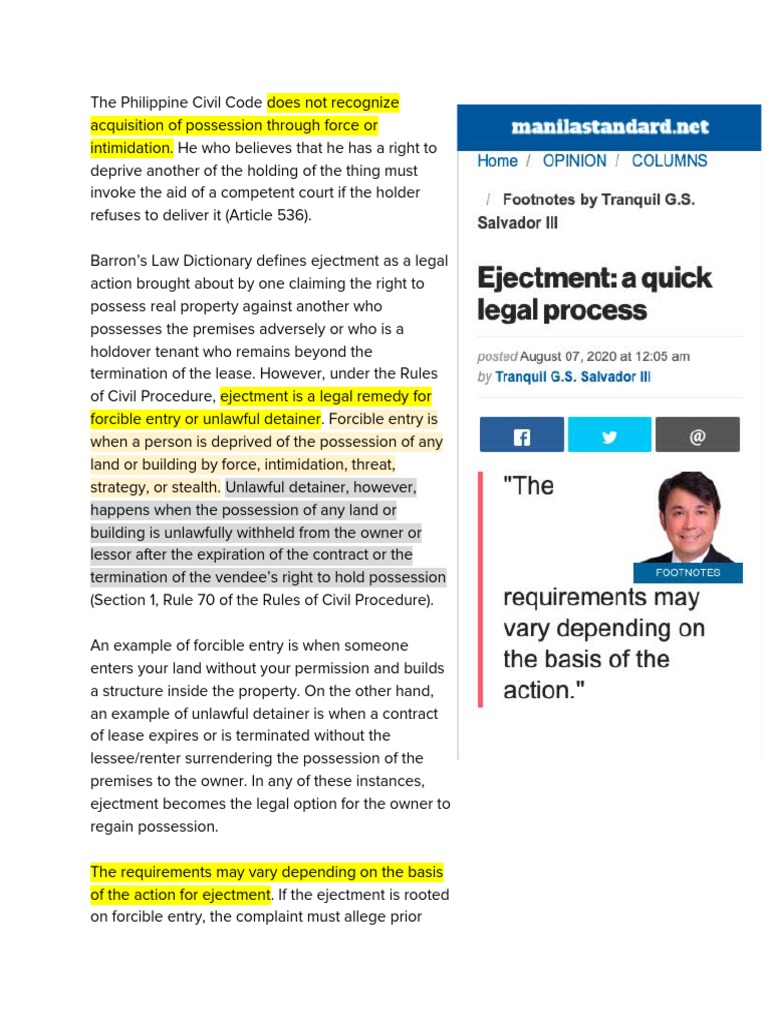 Ejectment - A Quick Legal Process | PDF | Lease | Eviction