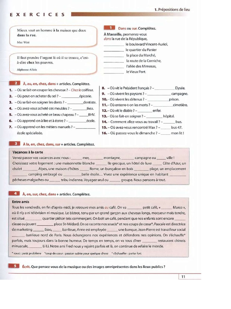 Exercices Prépositions de Lieu | PDF