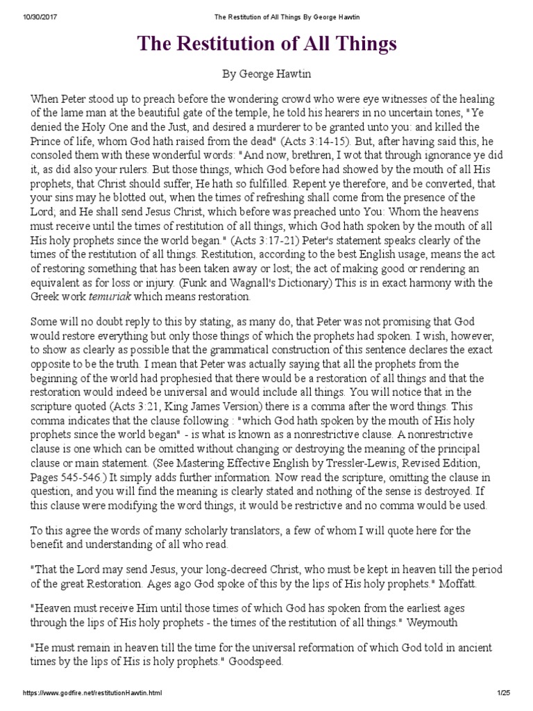 The Restitution of All Things by George Hawtin | PDF | Justification ...