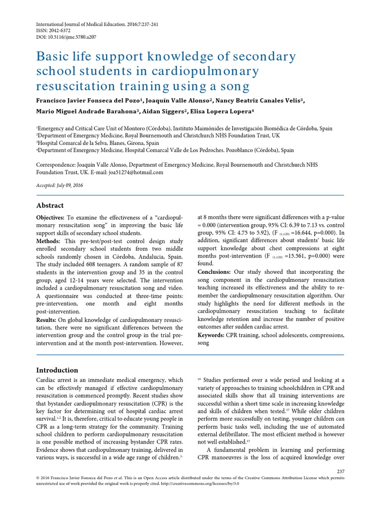 Basic Life Support Knowledge of Secondary School Students in ...