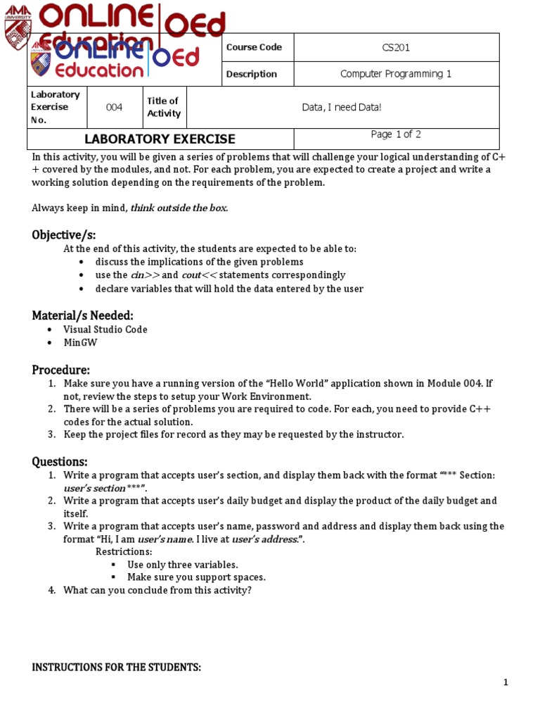 Week005 Lab4 HandlingPrimitiveDataTypes Edited | PDF | Computer File ...