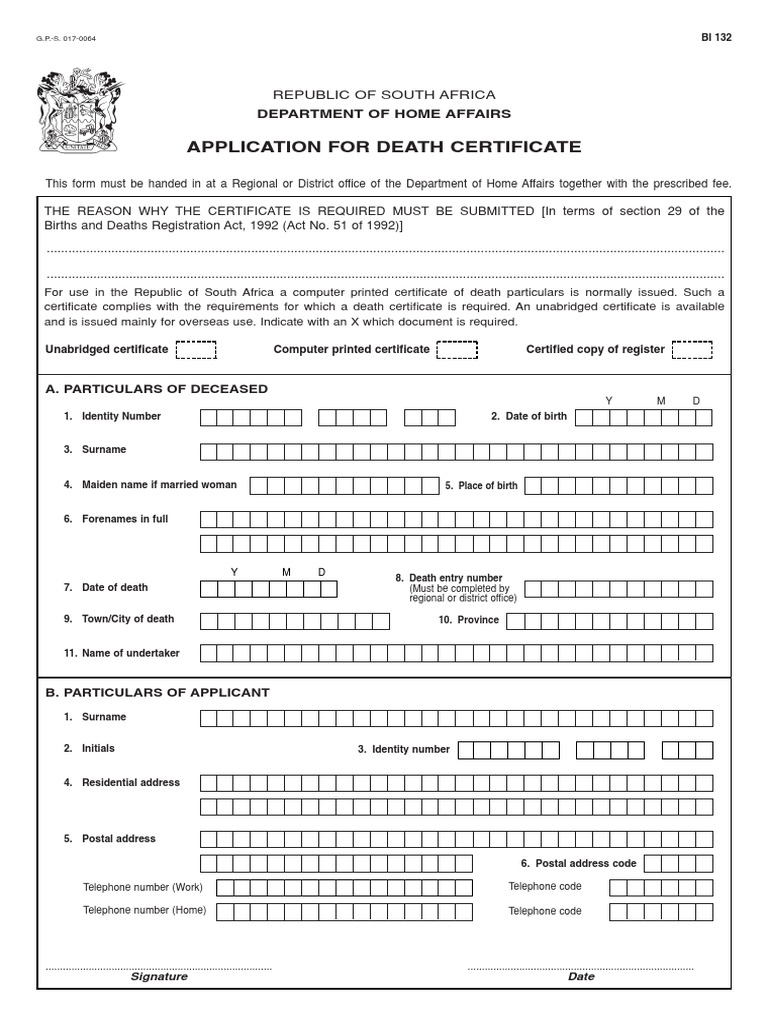 Application For Death Certificate: Department of Home Affairs | PDF ...