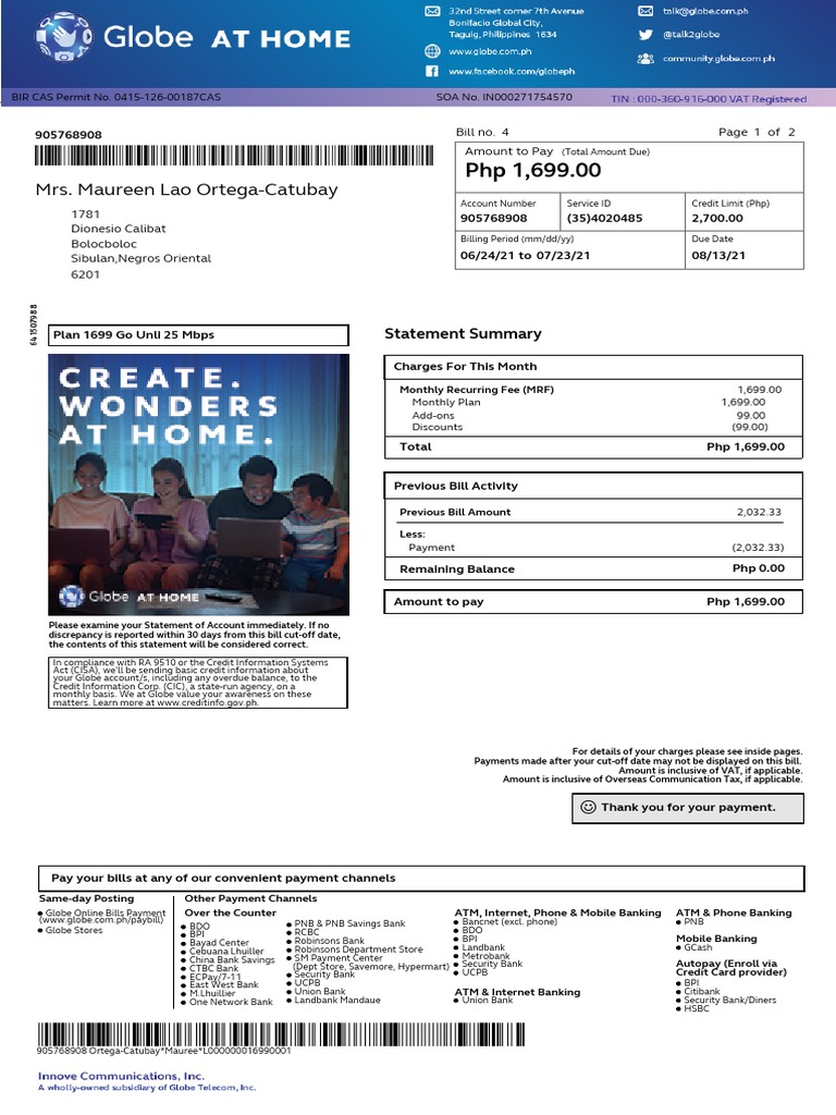 Globe at Home E-Bill - 0354020485-2021-08-13 | PDF | Payments ...