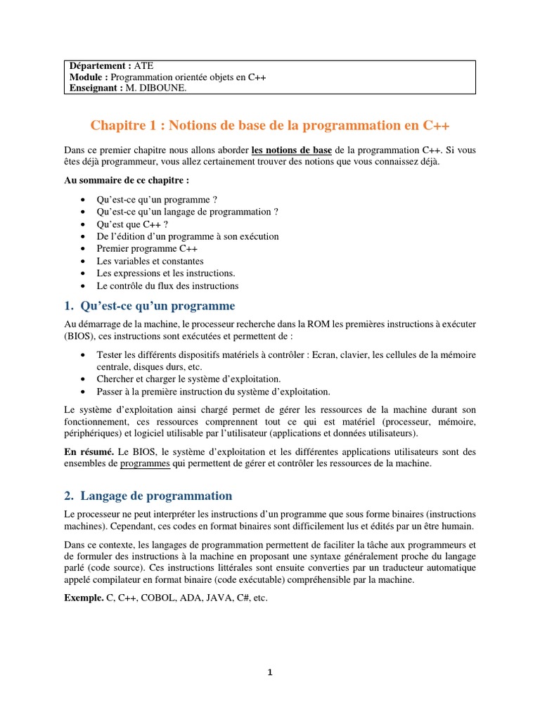 Chapitre 1 | PDF | Programmation informatique | Programmation