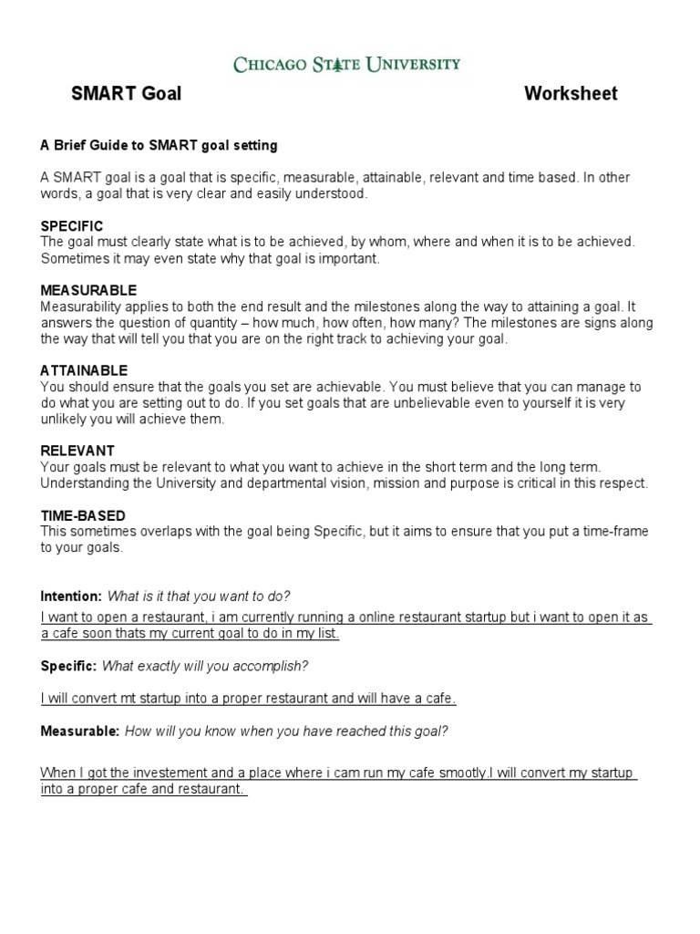 SMART Goal Worksheet: Achieving Your Restaurant Dream in 6 Months | PDF ...