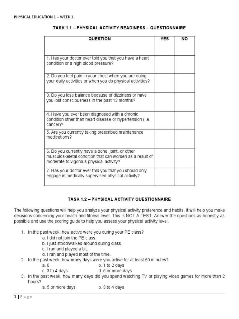 Task 1.1 - Physical Activity Readiness - Questionnaire YES NO | PDF ...