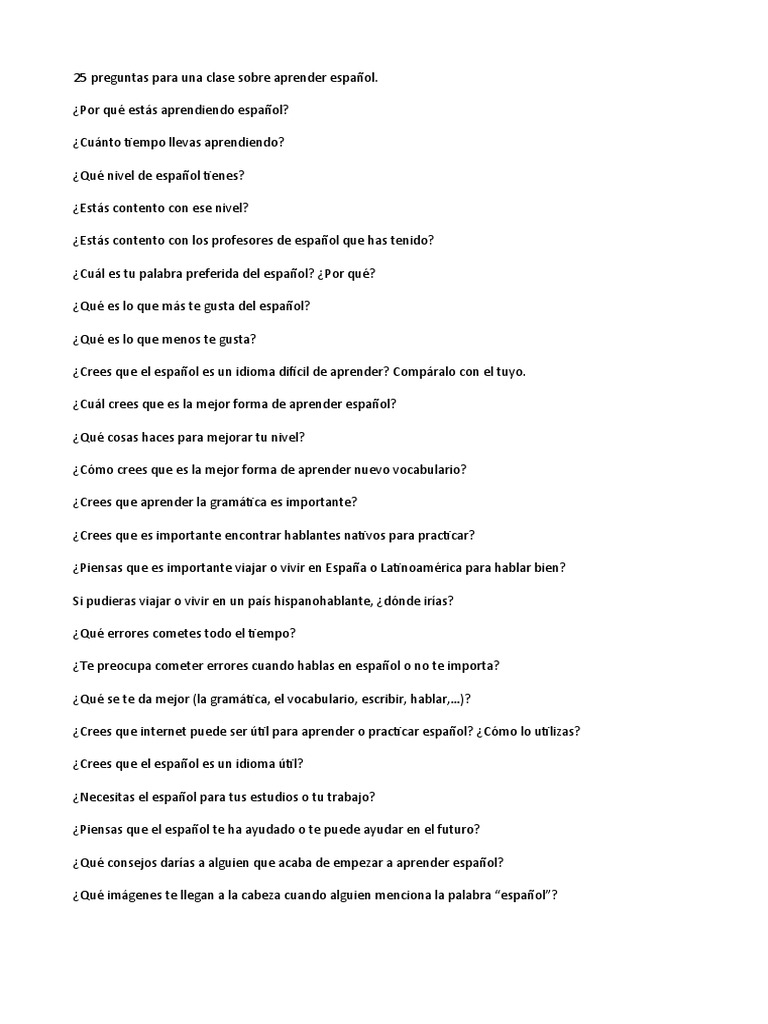 25 Preguntas para Una Clase Sobre Aprender Español | PDF