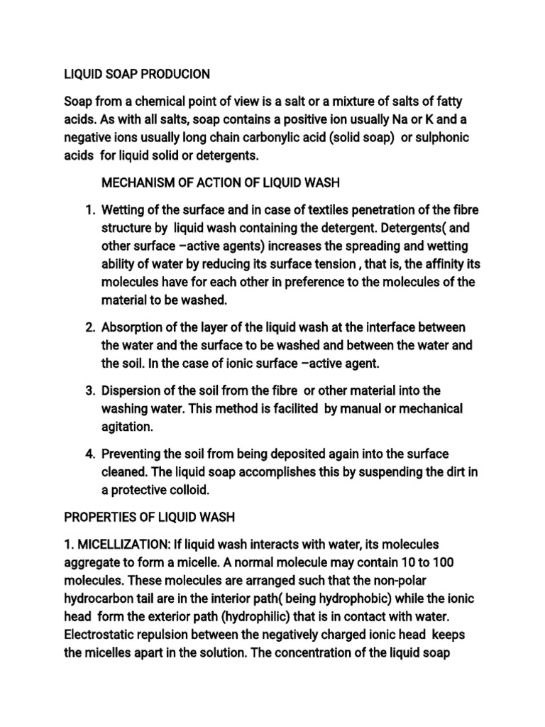 Liquid soap production and cleaning mechanism | PDF | Chemical Elements ...