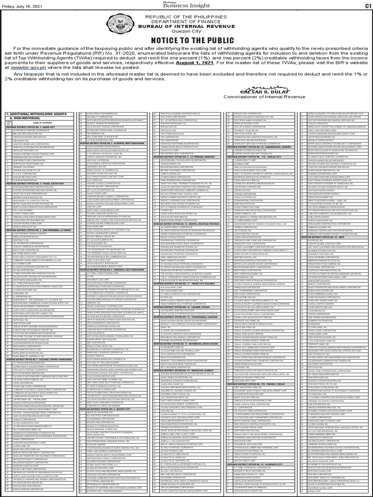 Notice to the Public: Updated List of Top Withholding Agents Required ...
