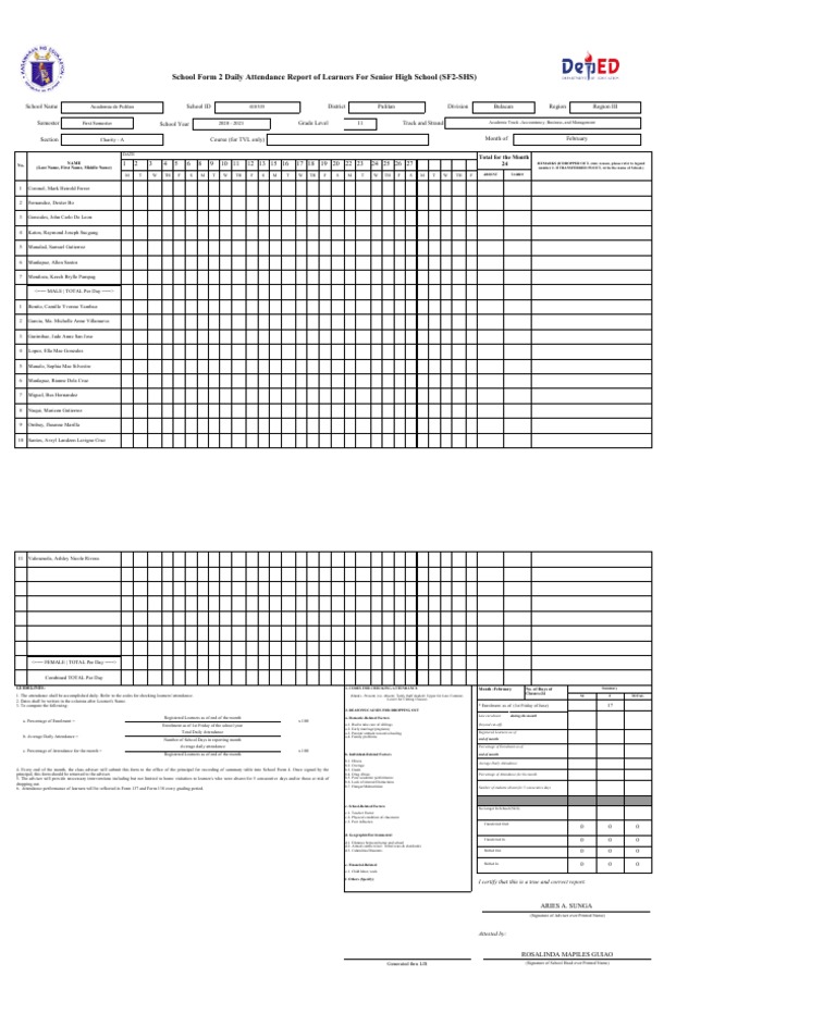 School Form 2 Daily Attendance Report of Learners For Senior High ...