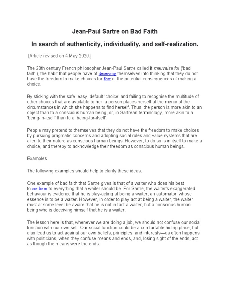 Jean-Paul Sartre On Bad Faith in Search of Authenticity, Individuality ...