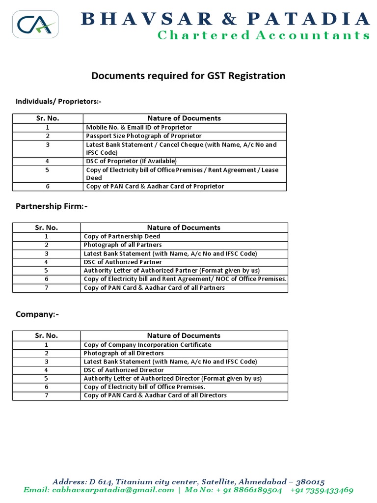 Bhavsar & Patadia: Documents Required For GST Registration | PDF