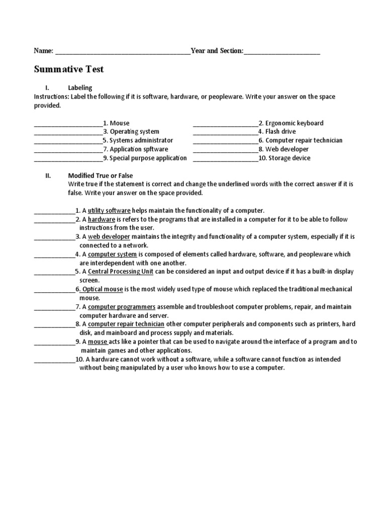 Summative Test: Name: - Year and Section | Download Free PDF | Computer ...