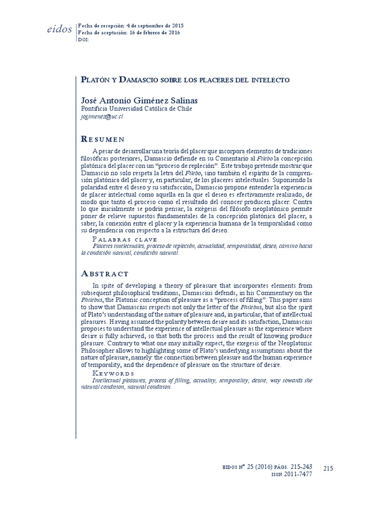 Platón y Damascio Sobre Los Placeres Del Intelecto - Eidos | PDF ...
