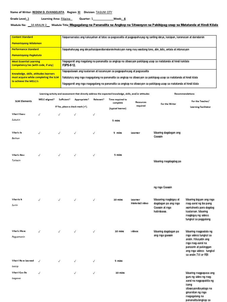 Quarter 1-Module 10-FIL.3-Workshop-3 - Aralin-2 | PDF