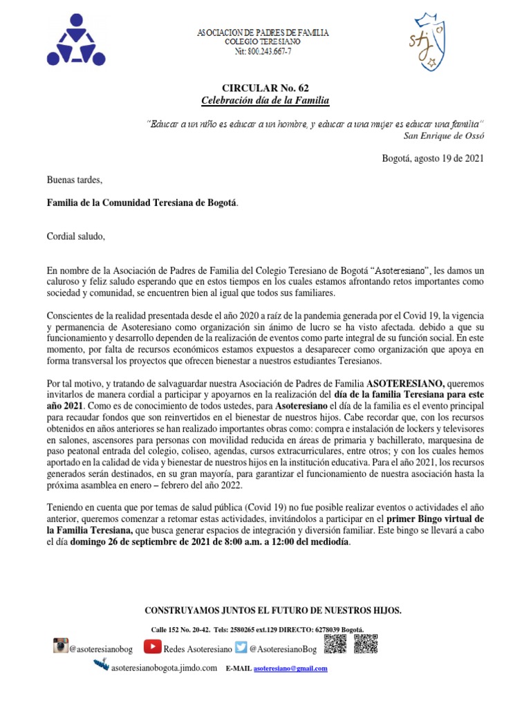 CG-07 - Circular No. 62 - Celebracion Dia de La Familia | PDF | Bogotá