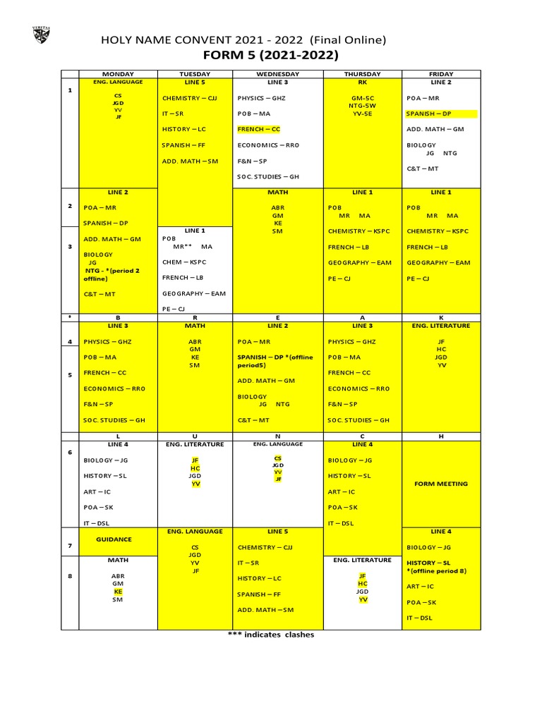 Holy Name Convent Time Table 2021 | PDF