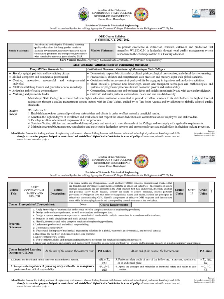 OBE Course Syllabus 1 Semester, A.Y. 2021-2022: School of Engineering ...