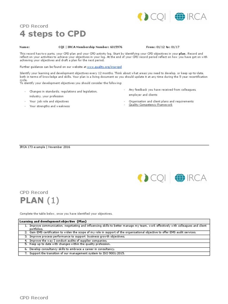 IRCA CPD Log Example | PDF | Iso 9000 | Audit
