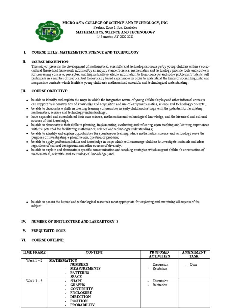 Math, Science and Technology Syllabus | PDF | Science | Teaching ...