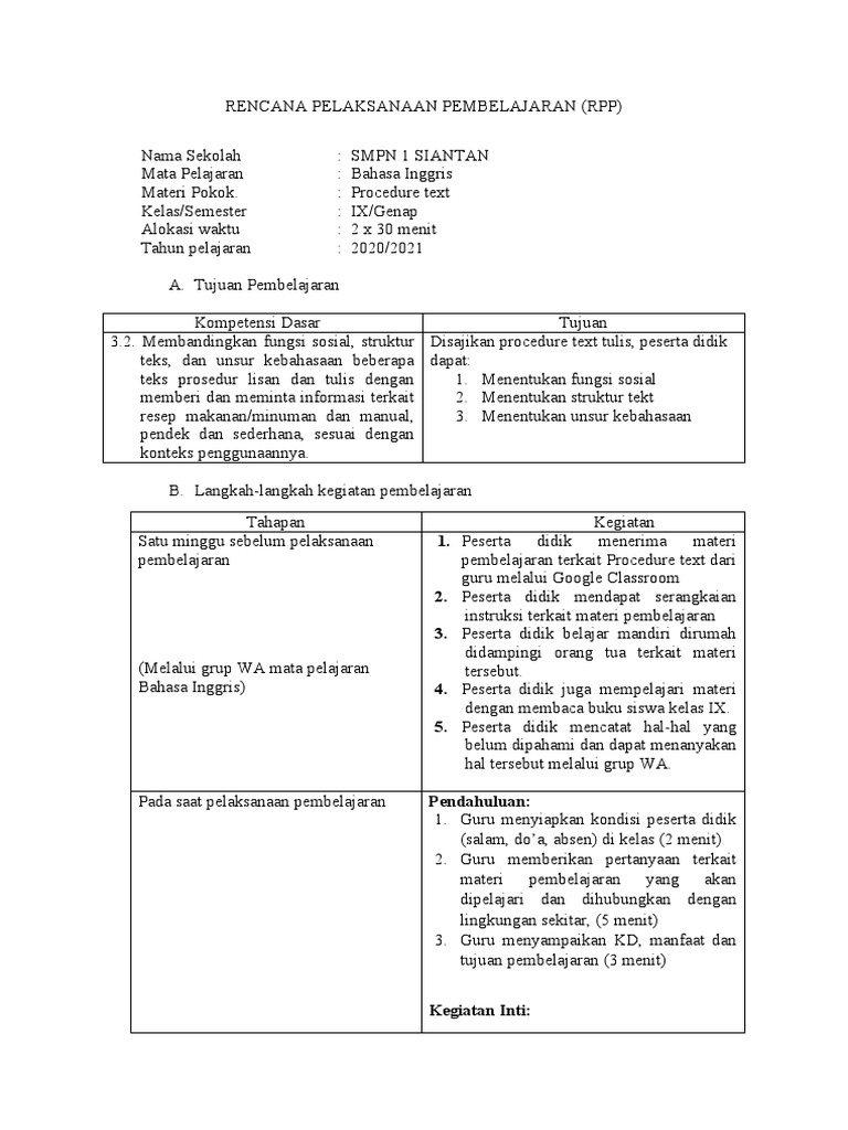 RPP and LKPD PRocedure Text | PDF