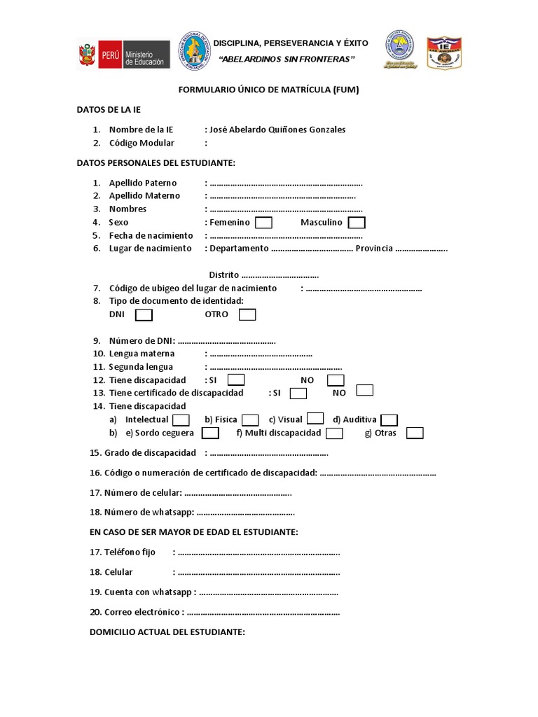 Formulario Único de Matrícula | PDF