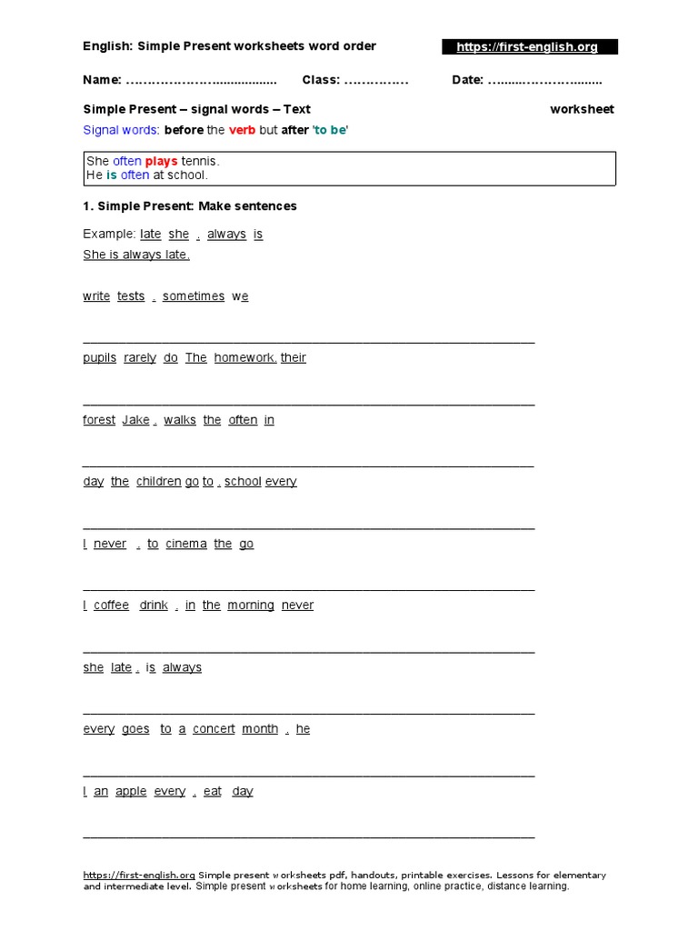 Simple Present Signal Words Worksheet | PDF