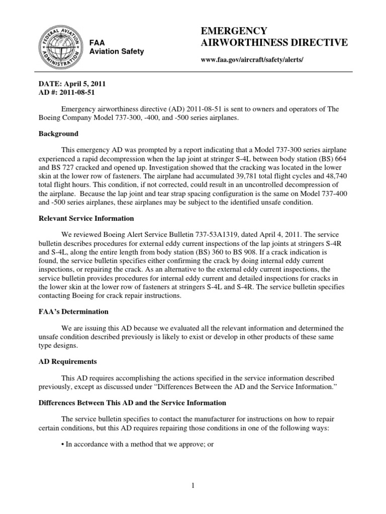 FAA Emergency Airworthiness Directive 2011-08-51 | Federal Aviation ...