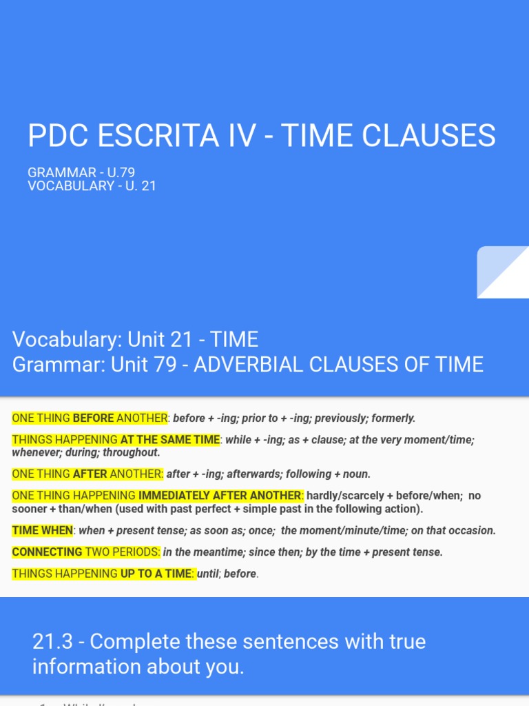Time Clauses Grammar and Vocabulary Review | PDF | Syntax | Grammatical ...