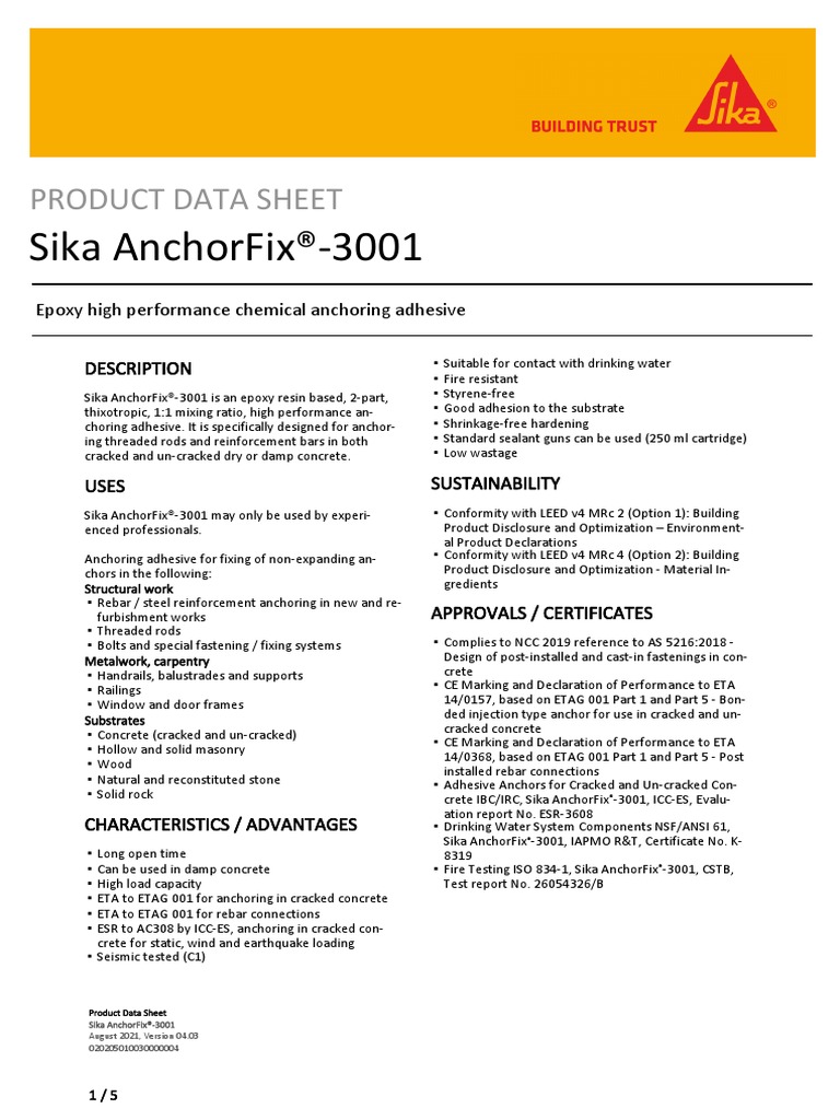 Sika Anchorfix®-3001: Product Data Sheet | PDF | Concrete | Drill